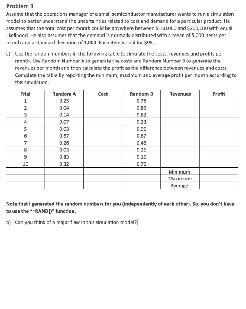 Problem 3 Assume that the operations manager of a | Chegg.com