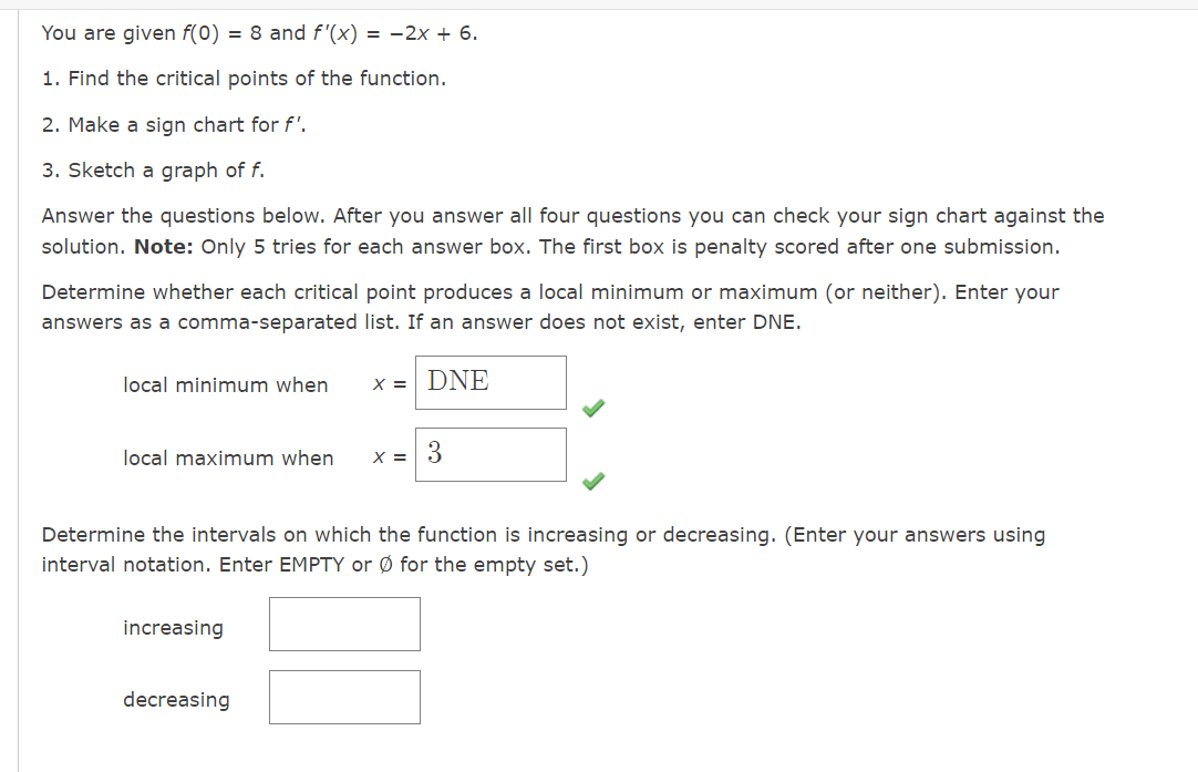 Solved You are given f(0)=8 and f′(x)=−2x+6 1. Find the | Chegg.com