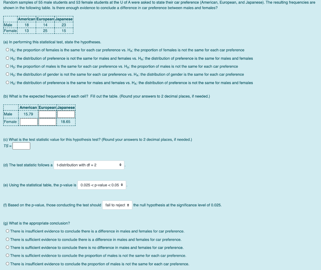 Solved Random samples of 55 male students and 53 female | Chegg.com