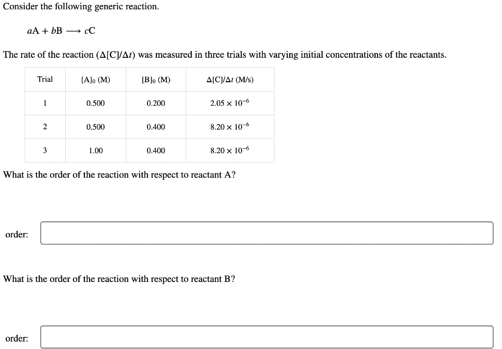 [Solved]: Consider the following generic reaction. aA+bBcC
