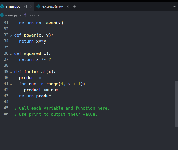 Solved main.py main.py > f area >... pi=3.1415926 def | Chegg.com