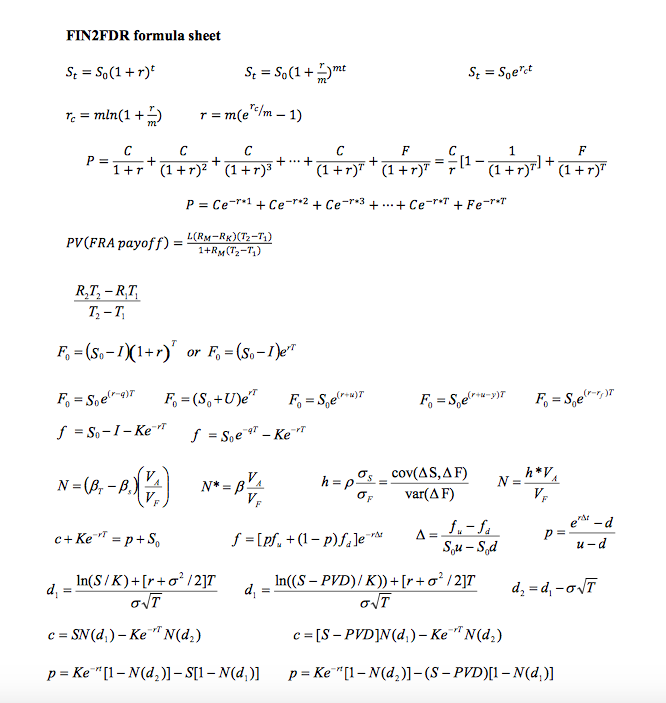 FIN2FDR formula sheet St = S.(1+r) Sp = S(1+)mt S = | Chegg.com