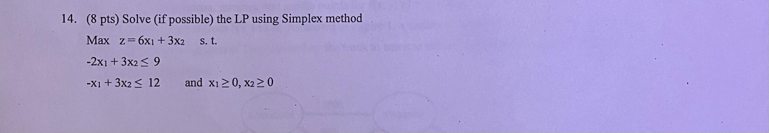 Solved 14. (8 pts) Solve (if possible) the LP using Simplex | Chegg.com