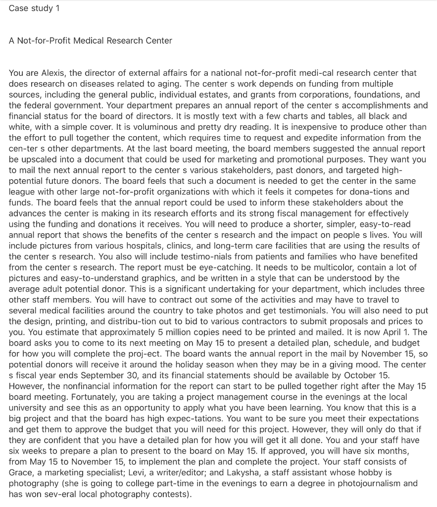 Solved Case study 1 A Not-for-Profit Medical Research Center | Chegg.com