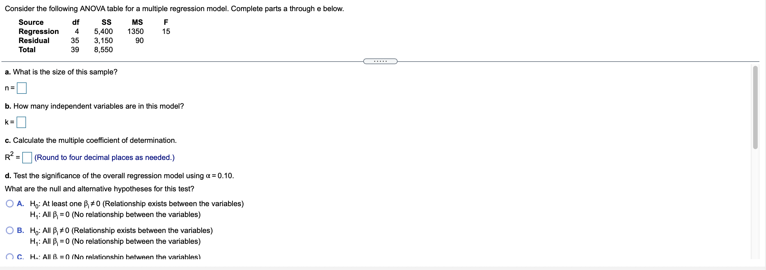 Consider the following ANOVA table for a multiple | Chegg.com
