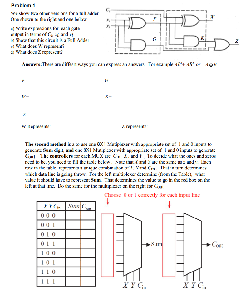 Solved Problem 1 We show two other versions for a full adder | Chegg.com