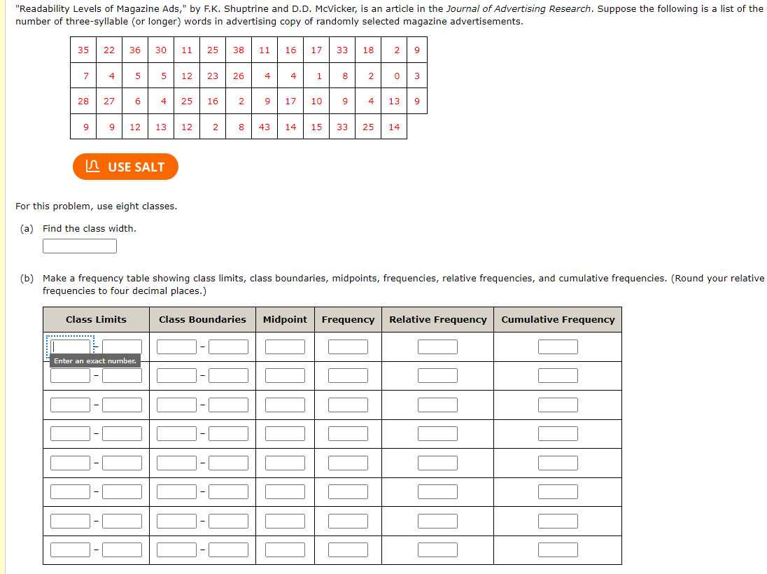 Solved For this problem, use eight classes. | Chegg.com