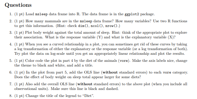 Questions 1. (1 pt) Load msleep data frame into R. | Chegg.com