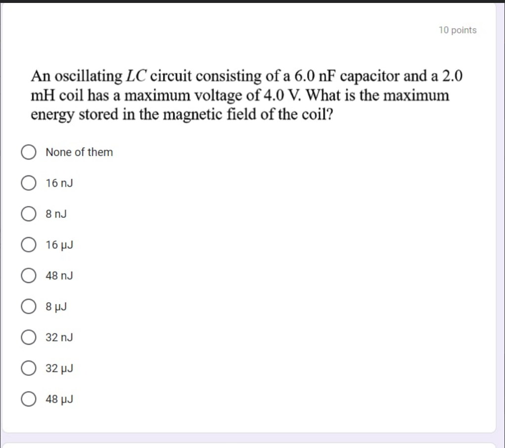 Solved 10 points An oscillating LC circuit consisting of a | Chegg.com