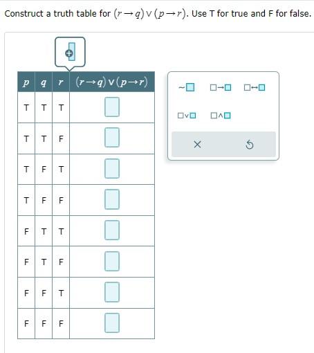 Solved Construct a truth table for (r—) (pr). Use T for true | Chegg.com
