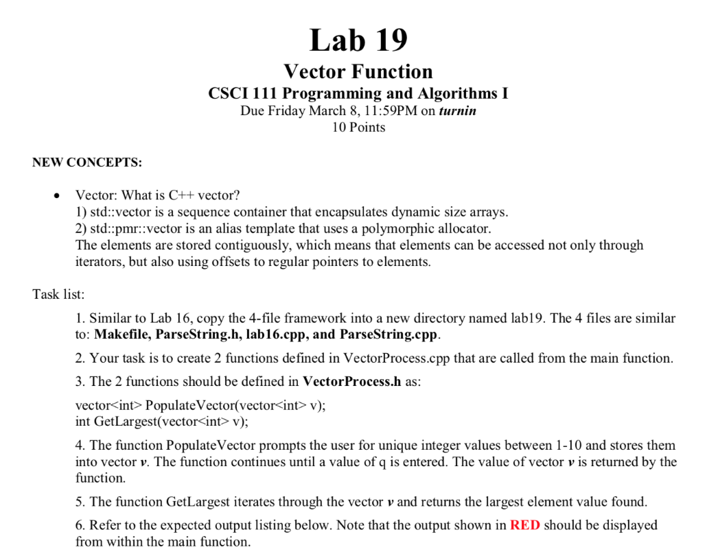 Solved Lab 19 Vector Function Csci 111 Programming And