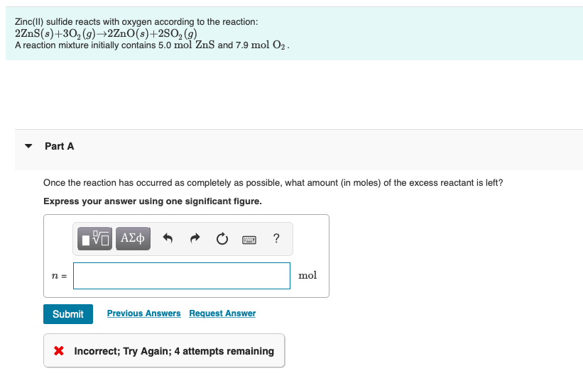 Solved Zinc(II) sulfide reacts with oxygen according to the | Chegg.com