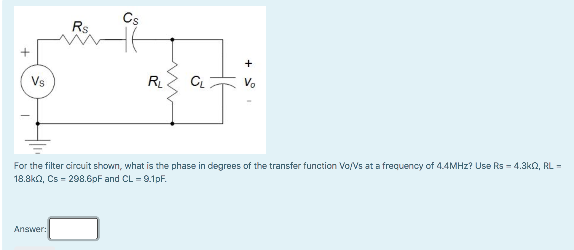Solved Cs Rs + + Vs RL CL Vo For the filter circuit shown, | Chegg.com