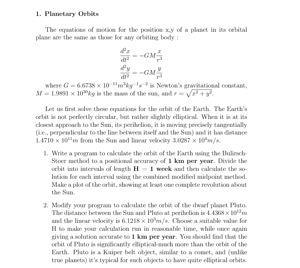 1. Planetary Orbits The equations of motion for the | Chegg.com