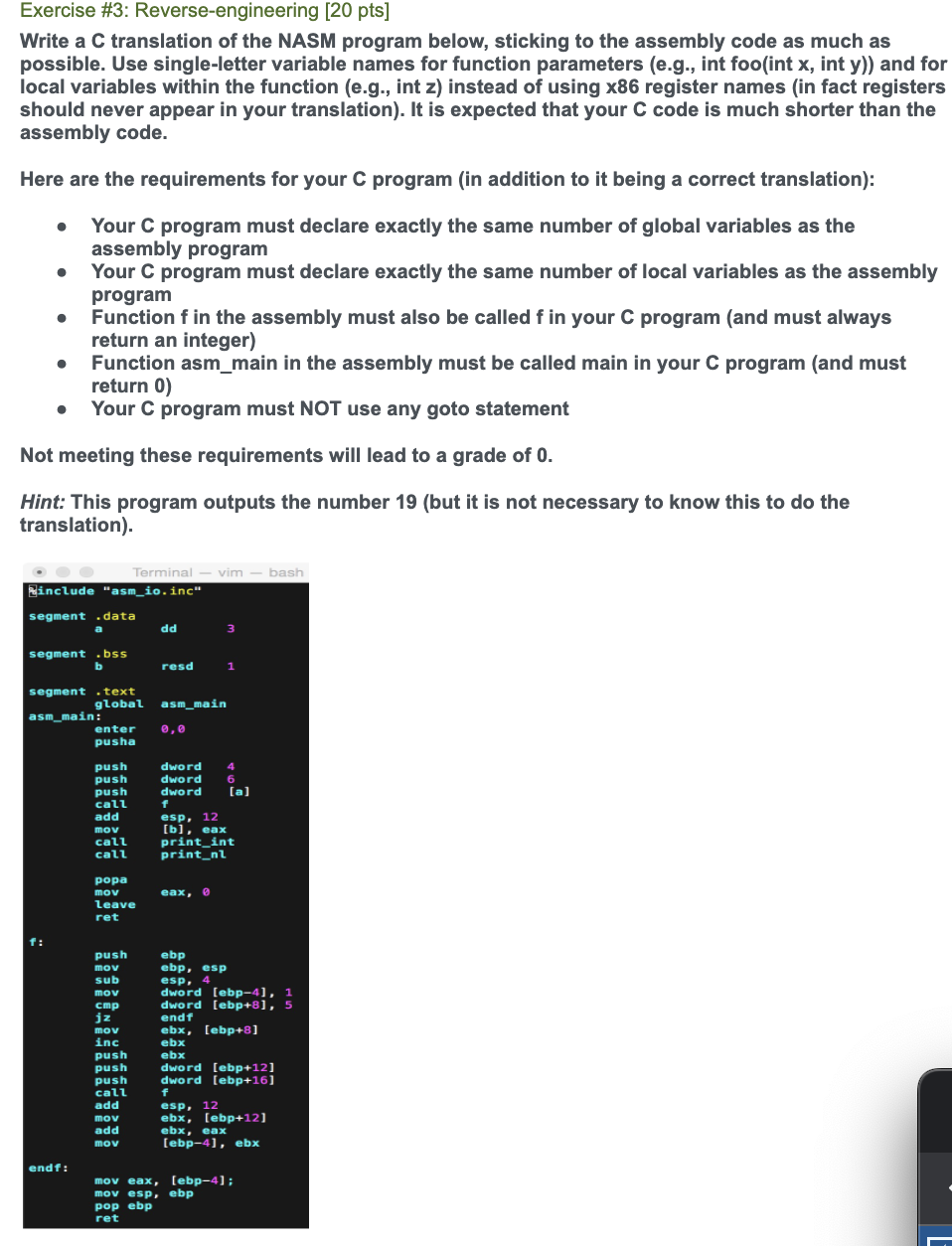 Solved Exercise \#3: Reverse-engineering [20 pts] Write a C | Chegg.com