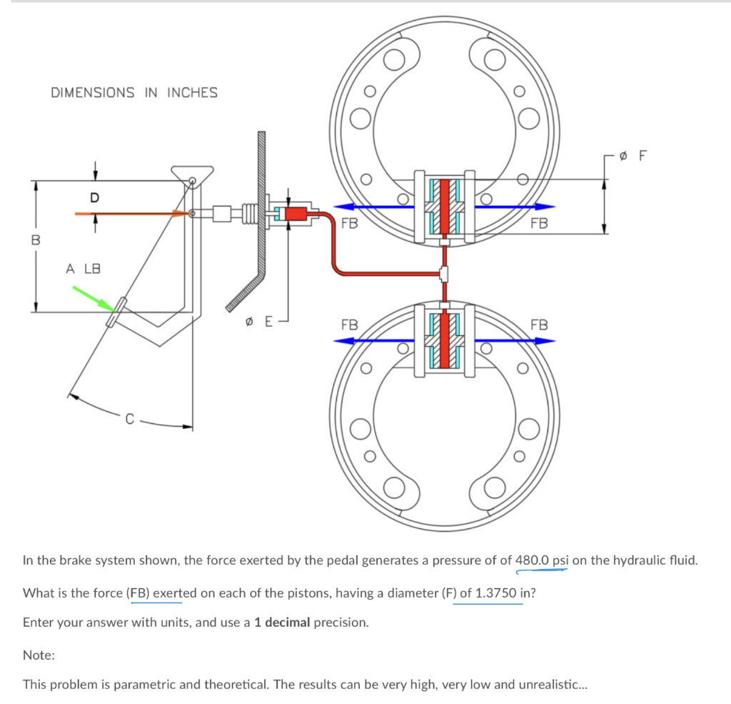 Solved In the brake system shown, the force exerted by the | Chegg.com