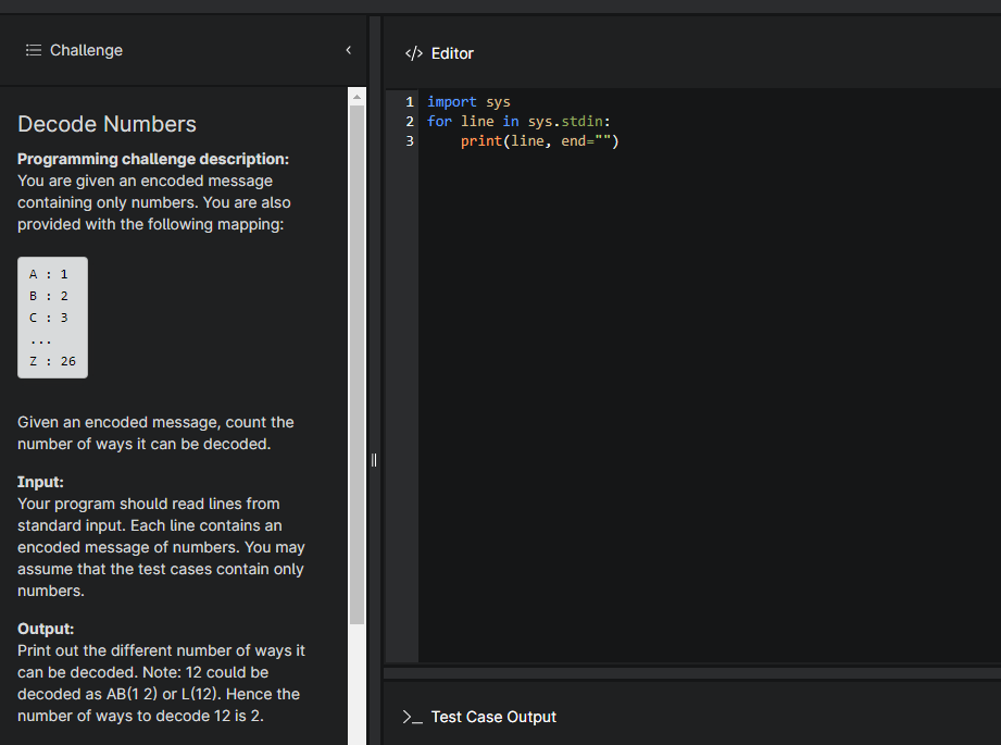 5 Challenge Editor 1 import sys 2 for line in | Chegg.com