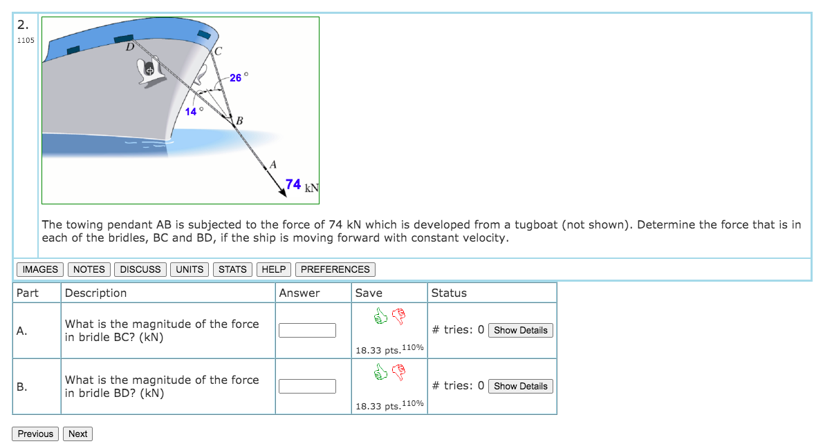Solved 2. 1105 D C 26° 14 B 74 The towing pendant AB is | Chegg.com