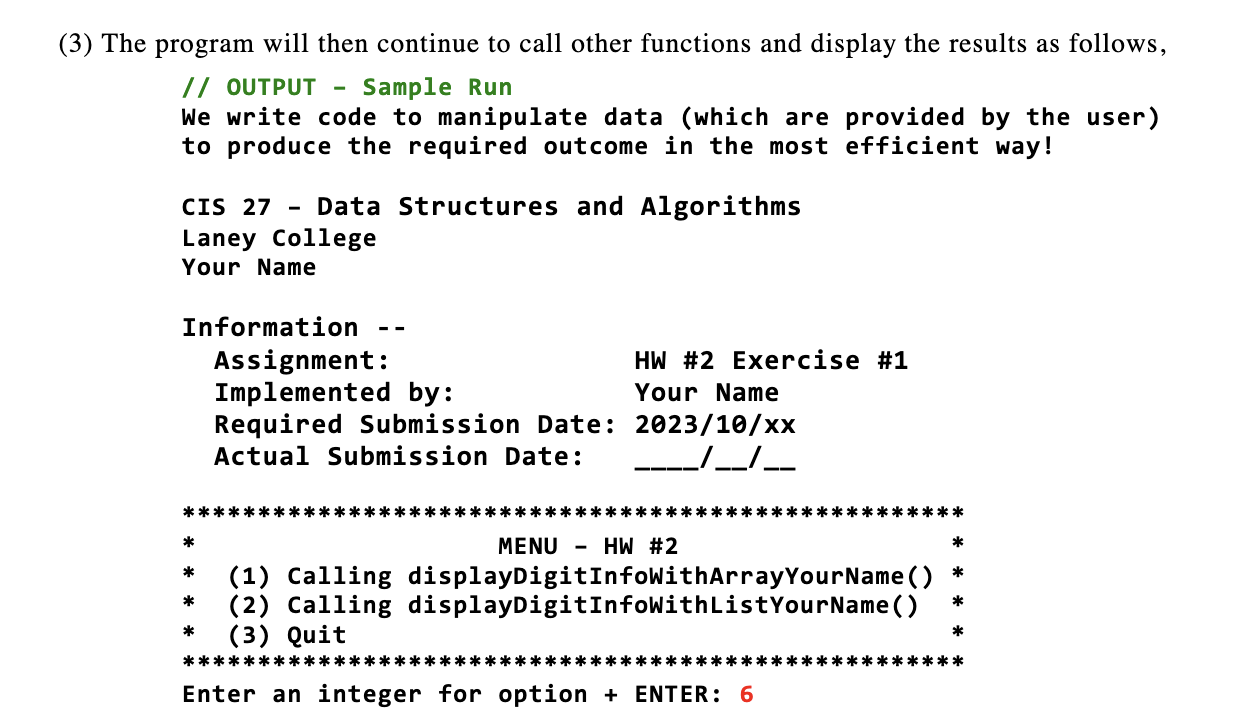 Solved alling displayDigitInfoWithListYourName() - While | Chegg.com