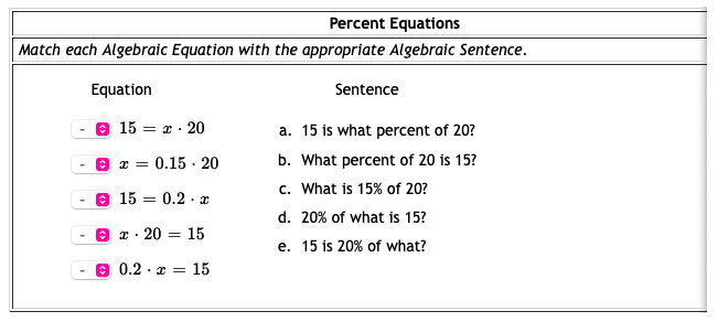 Solved Percent Equations Match each Algebraic Equation with | Chegg.com