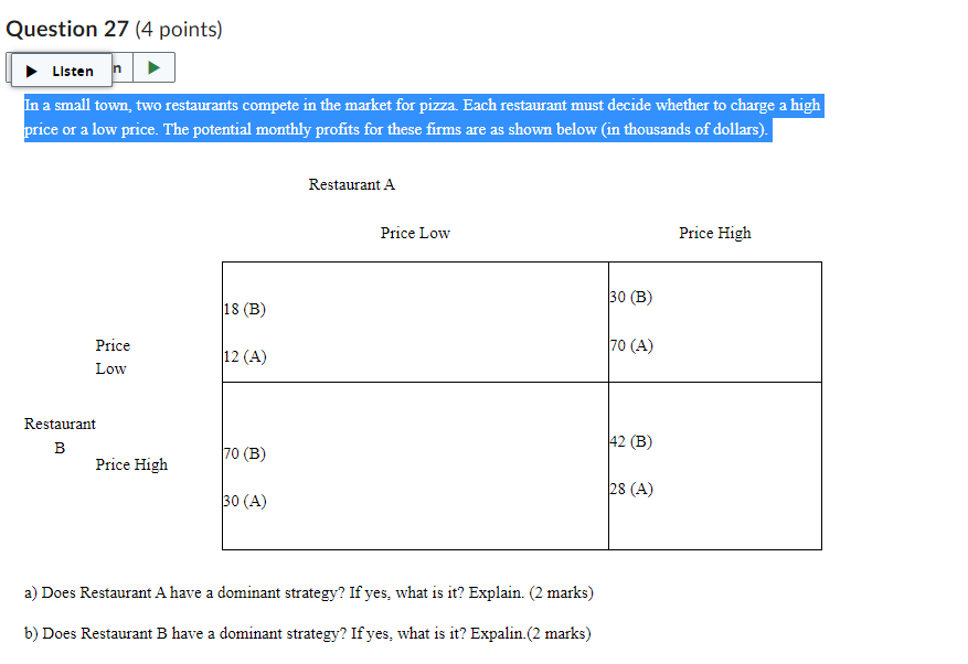 Solved In a small town, two restaurants compete in the | Chegg.com