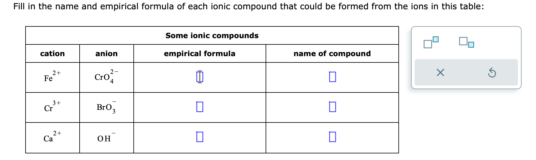 Solved Fill in the name and empirical formula of each ionic | Chegg.com