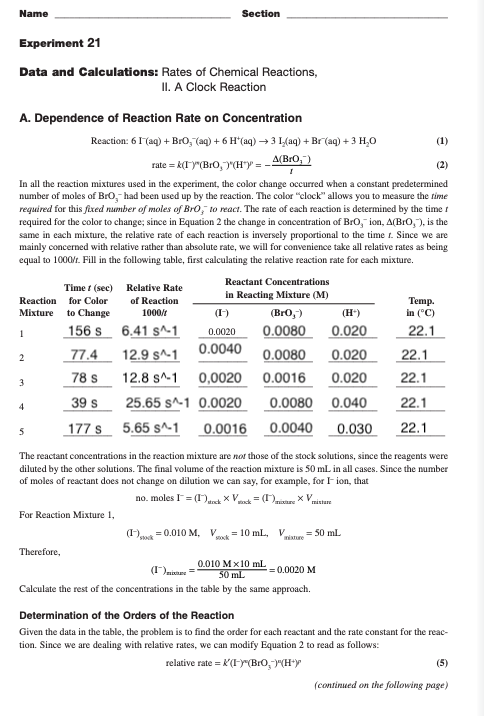 Solved Name Section Experiment 21 Data and Calculations: | Chegg.com