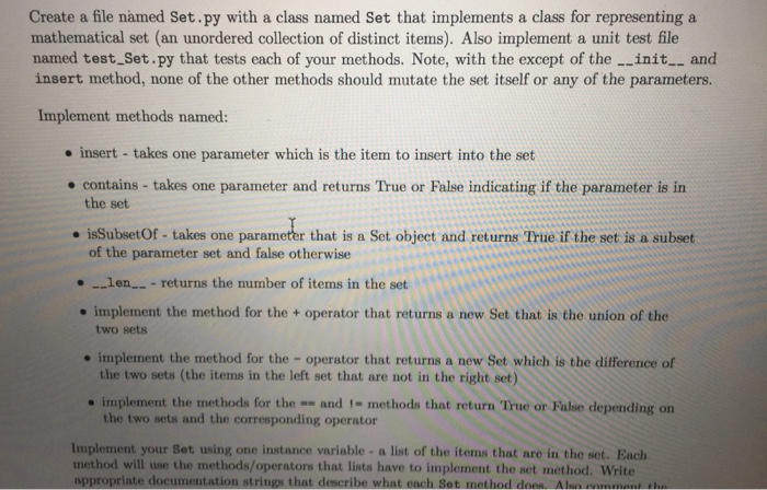 Solved Create A File Named Set Py With A Class Named Set