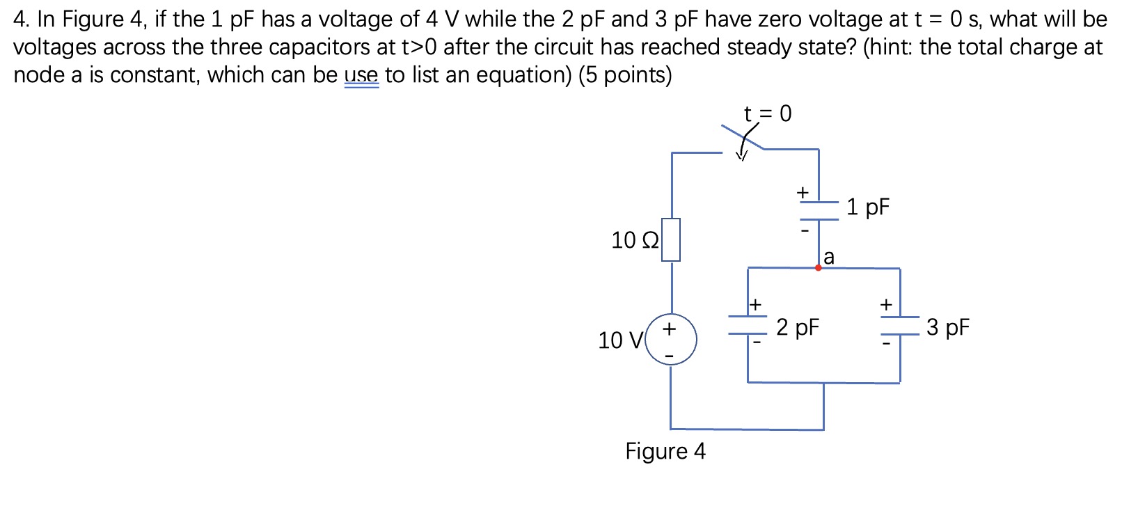 Solved 4. ﻿In Figure 4 , ﻿if the 1 ﻿pF has a voltage of 4 ﻿V | Chegg.com