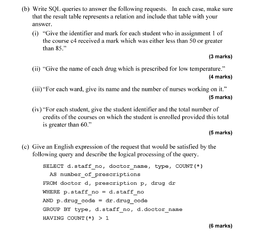 Solved B Write Sql Queries To Answer The Following 