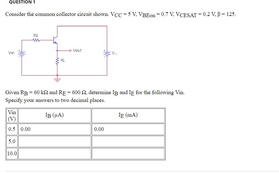 Solved QUESTION 1 Consider the common collector circuit | Chegg.com