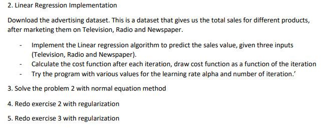 Solved 2. Linear Regression Implementation Download the | Chegg.com