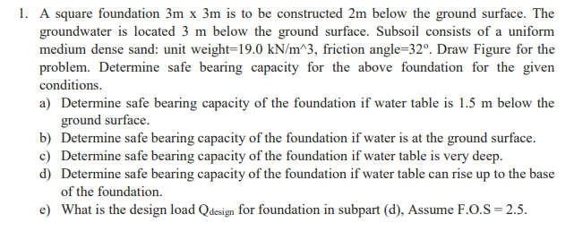 Solved 1. A square foundation 3 m×3 m is to be constructed 2 | Chegg.com