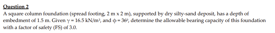 Solved Question 2 A square column foundation (spread | Chegg.com