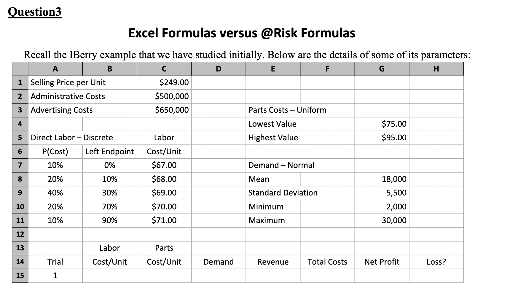 Question3 Excel Formulas versus @Risk Formulas Recall | Chegg.com