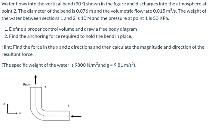 Solved Water flows into the vertical bend (90°) shown in the | Chegg.com