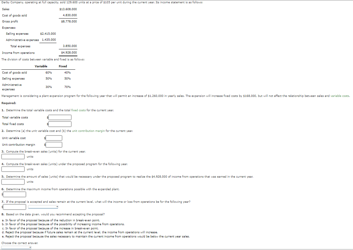 Solved The division of costs between variable and fixed is | Chegg.com