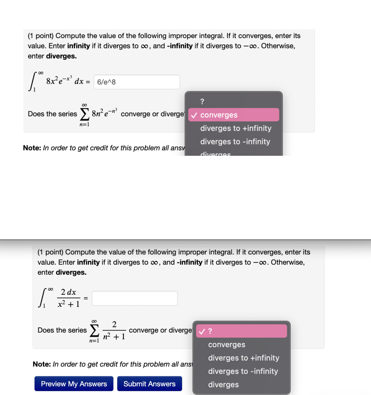 Solved (1 point) Compute the value of the following improper | Chegg.com