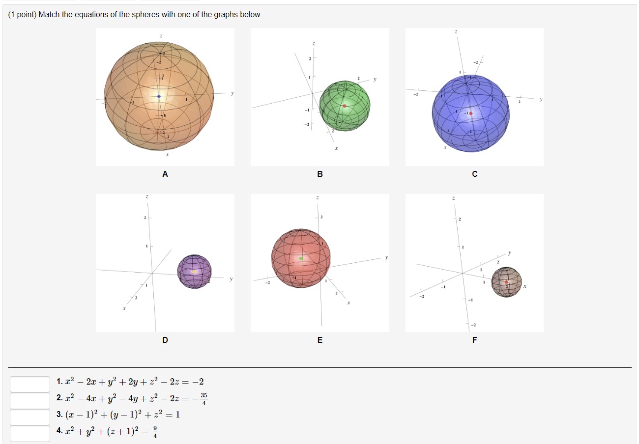 Solved (1 point) Match the equations of the spheres with one | Chegg.com