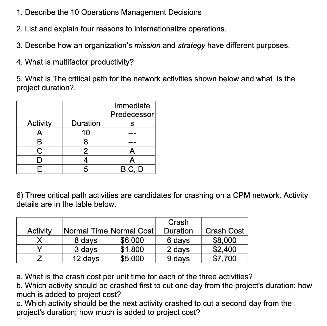 Solved 1. Describe the 10 Operations Management Decisions 2. | Chegg.com