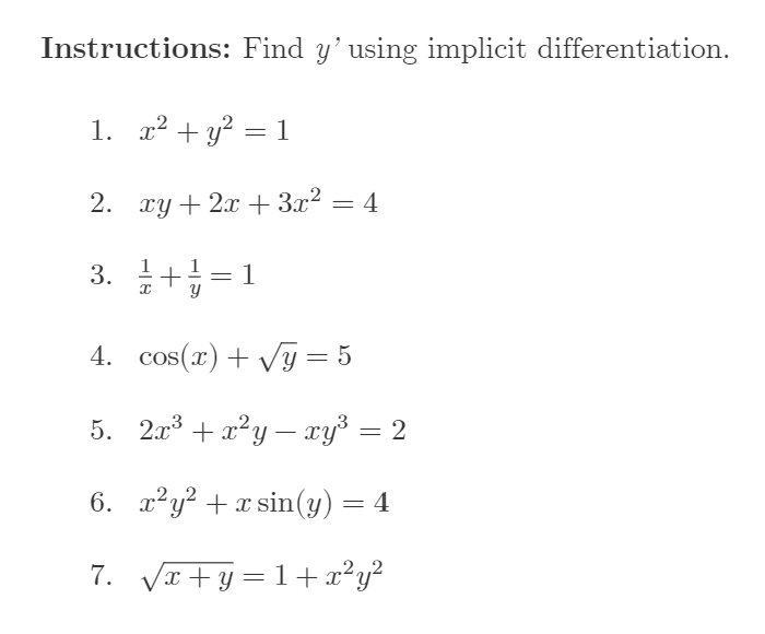 Solved Instructions: Find y'using implicit differentiation. | Chegg.com