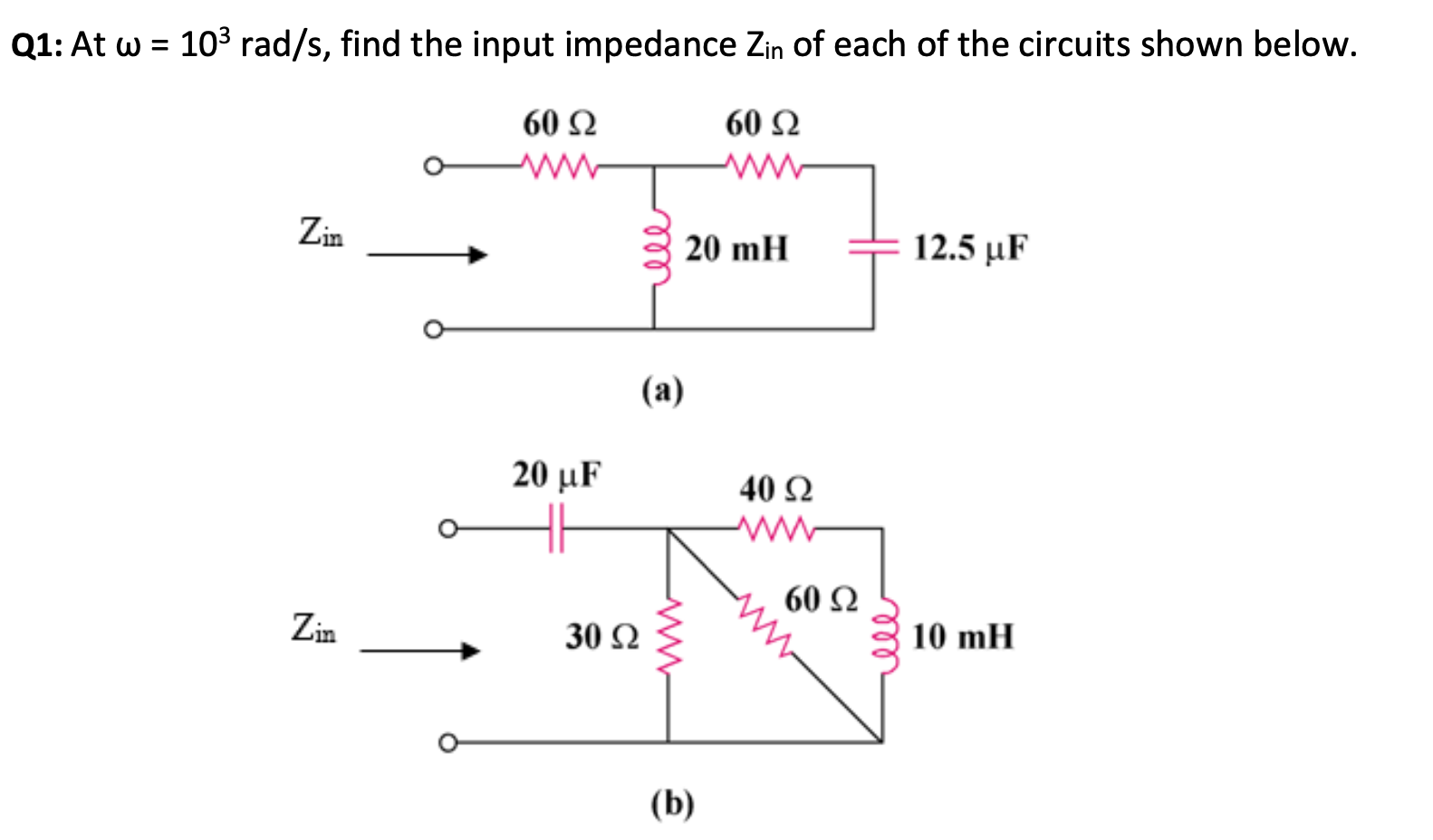 Solved Q1: At w = 103 rad/s, find the input impedance Zin of | Chegg.com