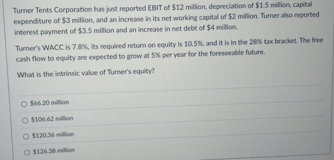 Solved Turner Tents Corporation has just reported EBIT of | Chegg.com