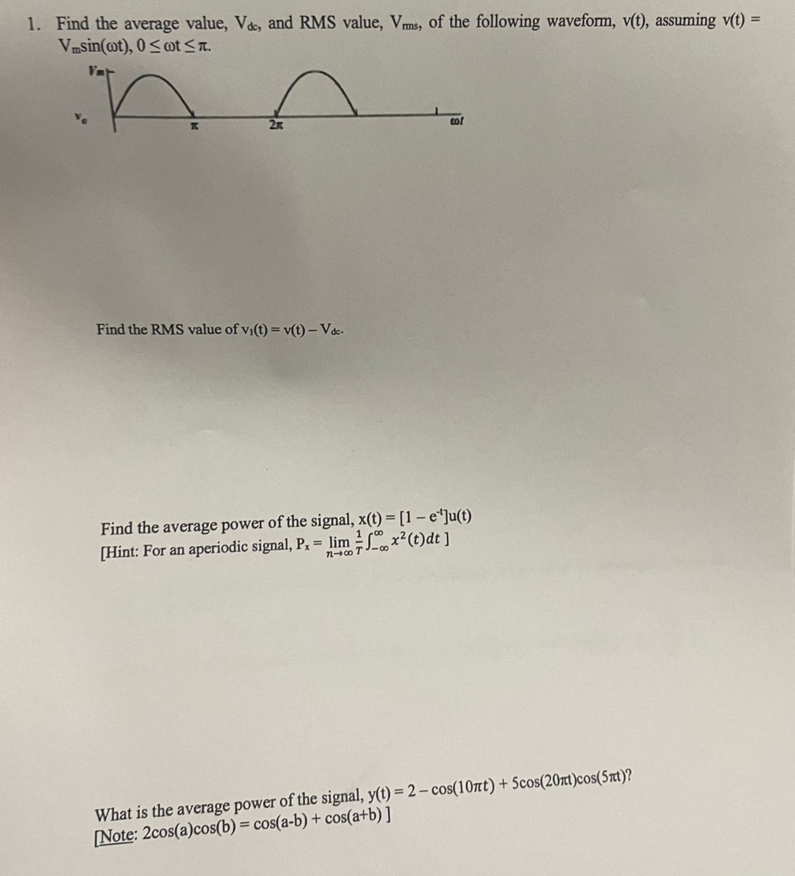 Solved Find the average value, Vdc, ﻿and RMS ﻿value, Vms, of | Chegg.com