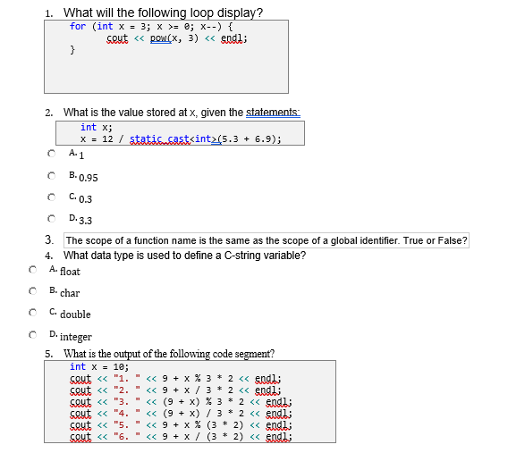 Solved 1. What will the following loop display? for (int x = | Chegg.com