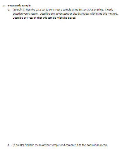 Solved 3. Systematic Sample a. (10 points) Use the data set | Chegg.com