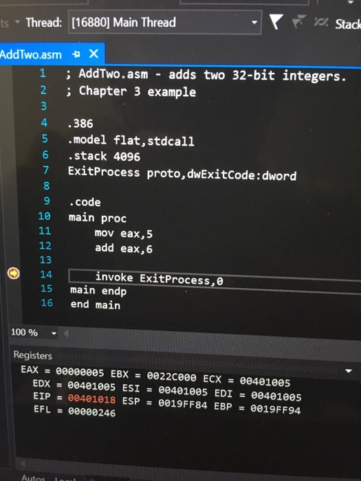 ents Thread: [16880] Main Thread AddTwo.asm × 1 | Chegg.com