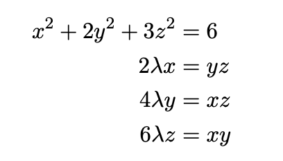 Solved x² + 2y2 + 322 = 6 2λα = yz 4λy = αx βλα = αν | Chegg.com