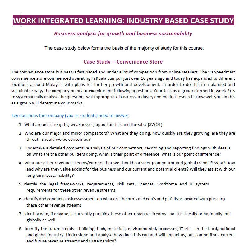 Solved WORK INTEGRATED LEARNING: INDUSTRY BASED CASE STUDY | Chegg.com