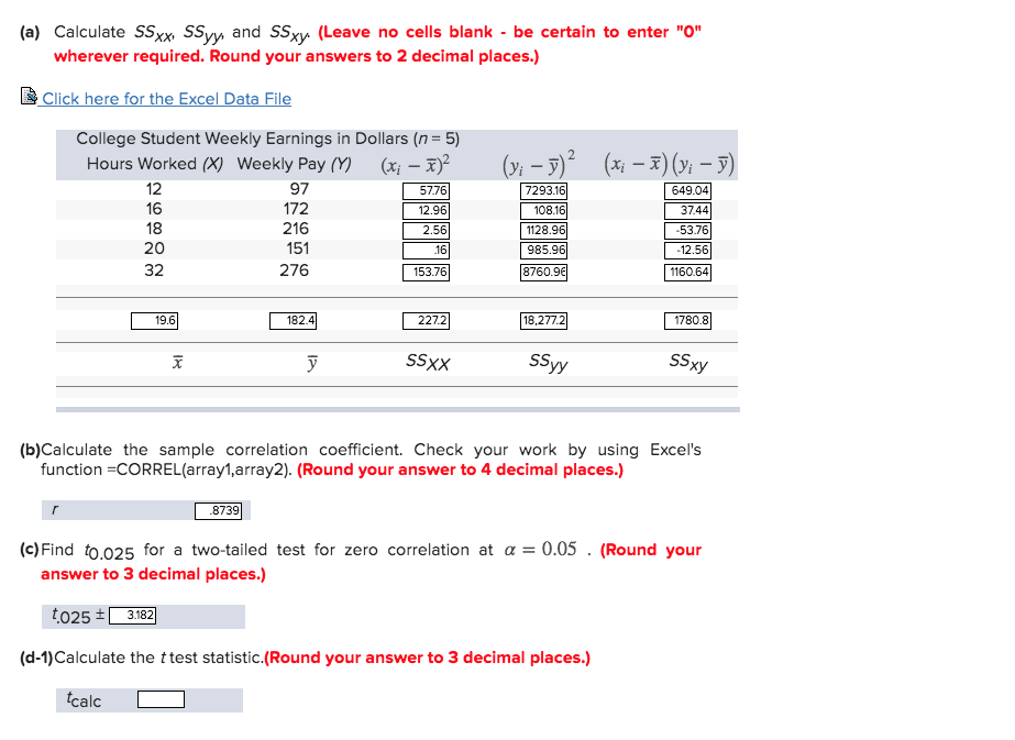 Solved (a) Calculate SSxx, SSyy, and SSxy. (Leave no cells | Chegg.com